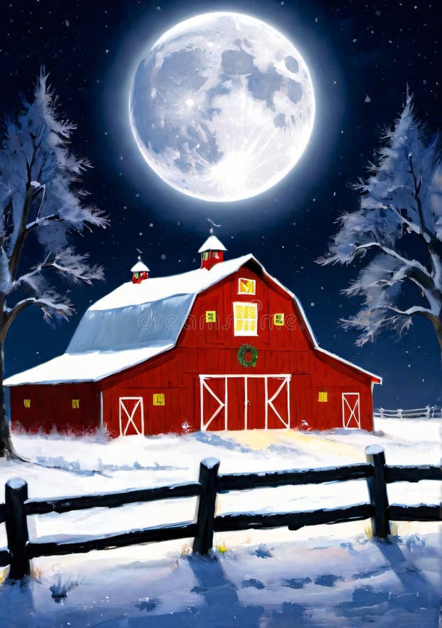 A Snowy Christmas Barn Scene, at Full Moon Night. Generative AI Stock ...