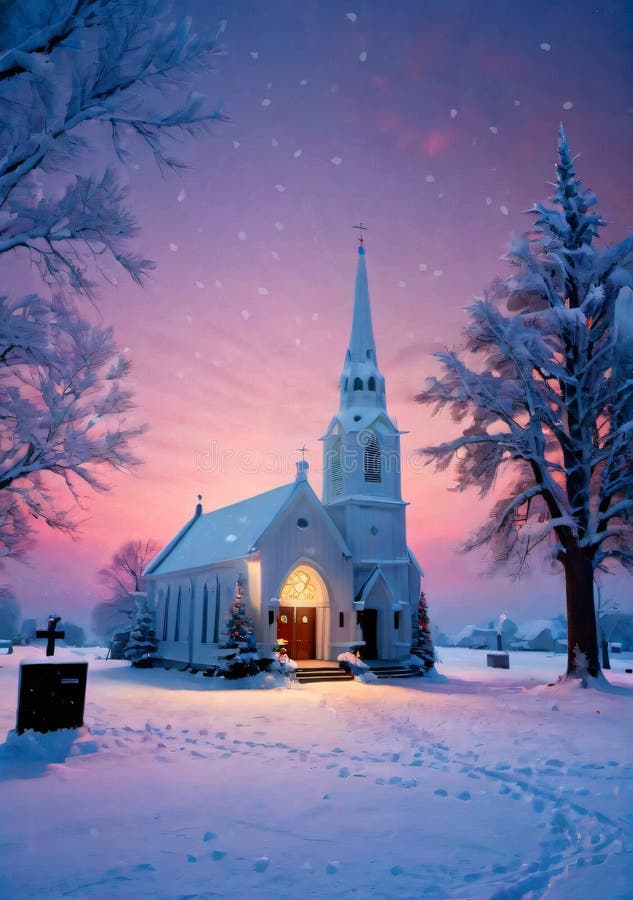 A Snowy Christmas Church Scene, during Twilight. Generative AI Stock ...
