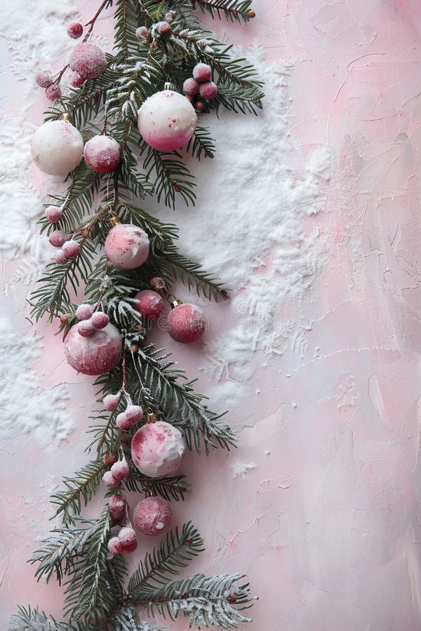 Snowy Christmas Composition. Pink Background with Spruce Branches ...