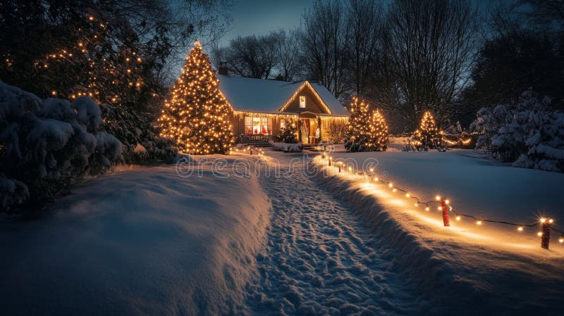 A Snowy Christmas Eve Night with a Decorated House and Pathway Stock ...