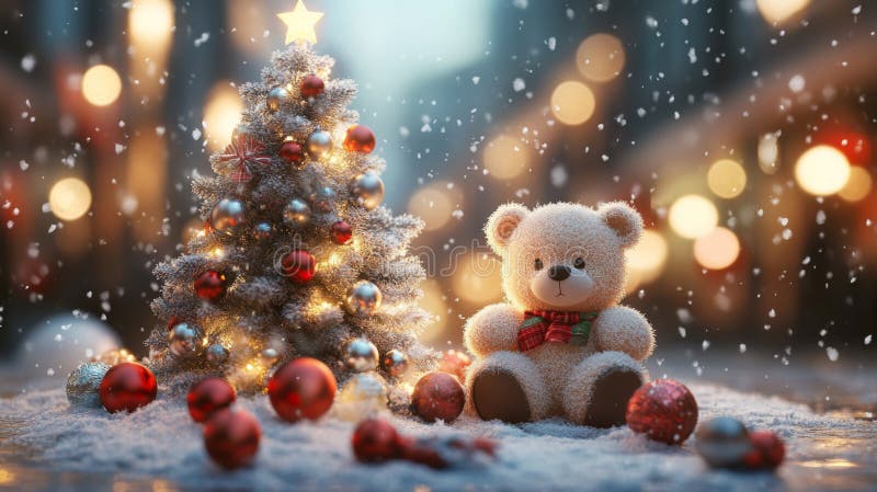 Snowy Christmas Eve Scene with Decorated Tree and Teddy Bear Stock ...