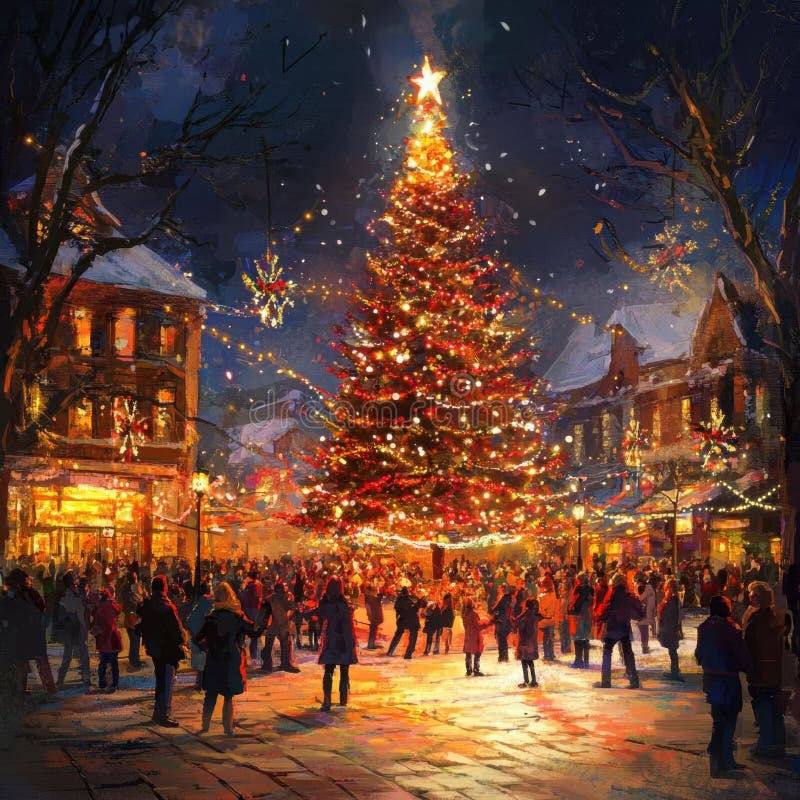 Snowy Christmas Eve in a Town Square Stock Illustration - Illustration ...