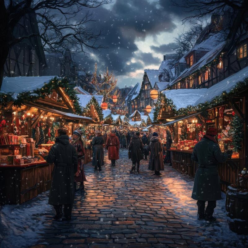 Snowy Christmas Market Scene with Festive Lights Stock Illustration ...
