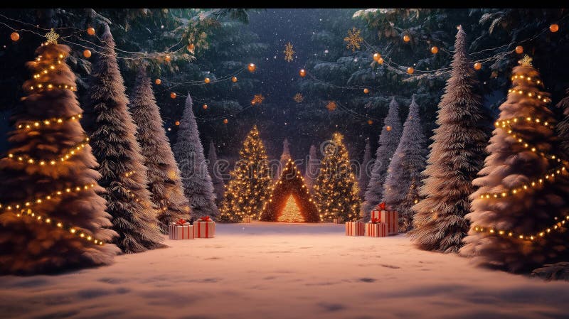 Snowy Christmas Night Scene with Illuminated Christmas Trees in Forest ...