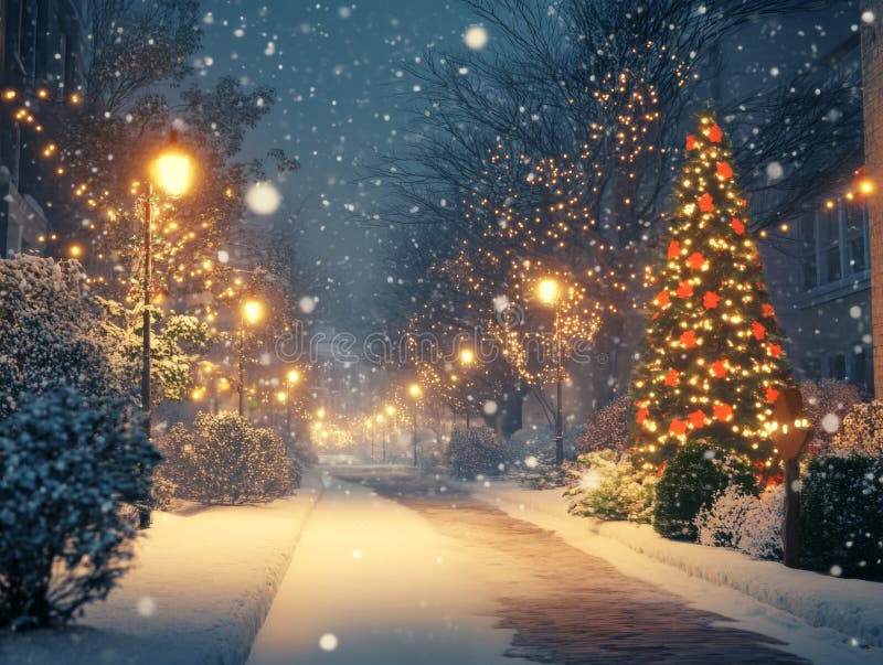 Snowy Christmas Street Scene with Decorated Tree and Lights Stock ...