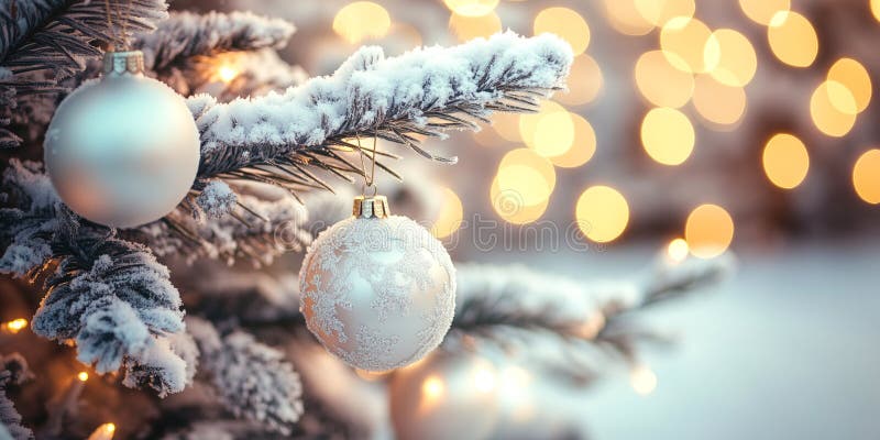 Snowy Christmas Tree Branch with Festive Baubles, Glowing Lights ...