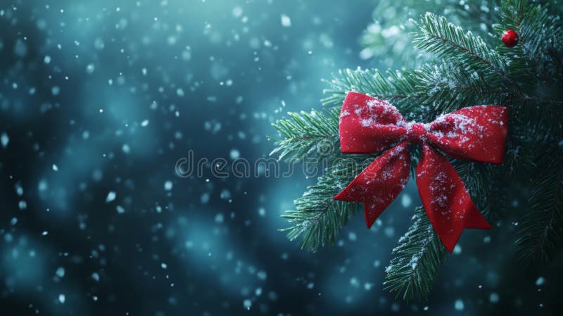 Snowy Christmas Tree Branch with Red Bow Stock Illustration ...