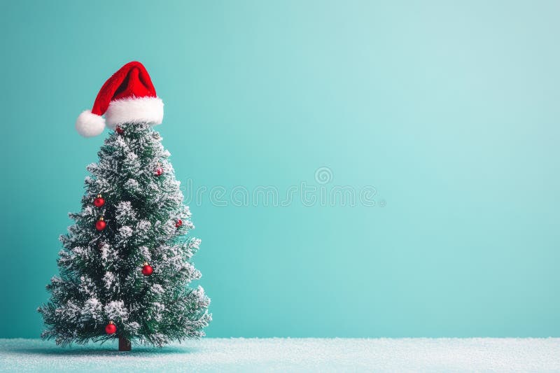 Snowy Christmas Tree with Santa Hat and Red Ornaments on Teal ...