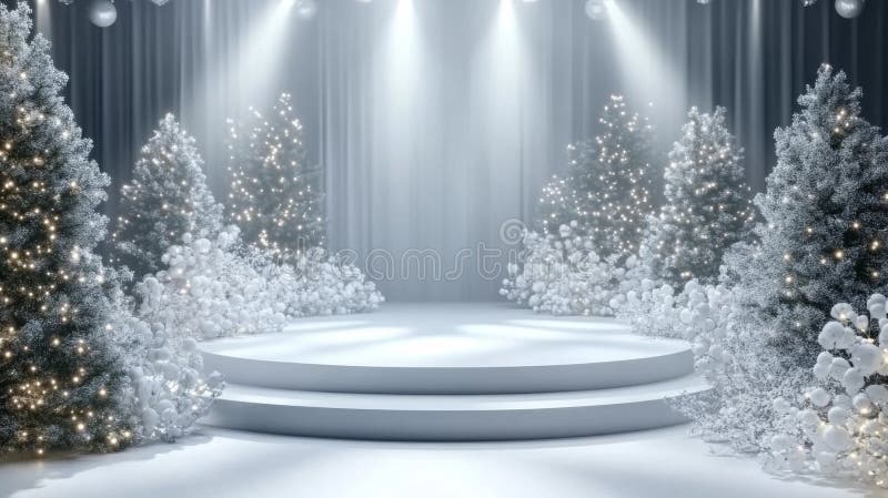 Snowy Christmas Tree Stage with White Lights and Snow Stock Image ...
