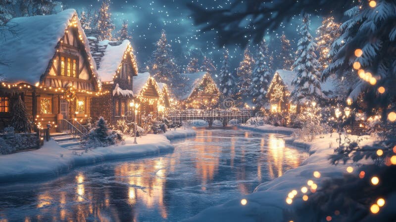 Snowy Christmas Village with a Bridge and River Stock Illustration ...