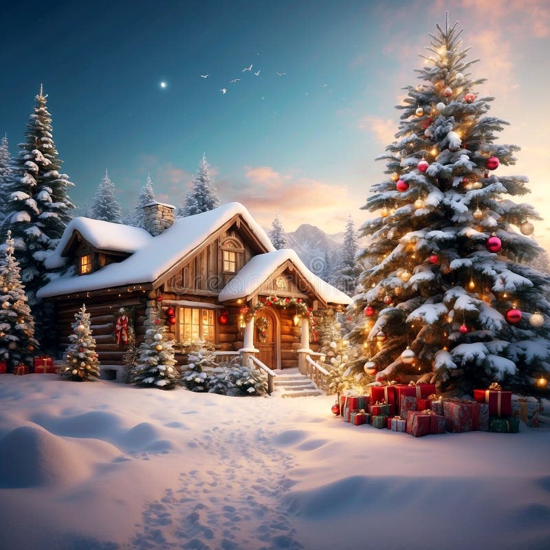 Snowy Christmas Winter House with Decorated Christmas Tree Stock Image ...