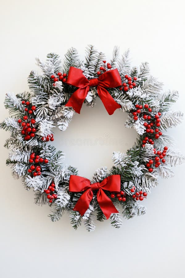 Snowy Christmas Wreath with Red Bows and Berries High Quality Image ...