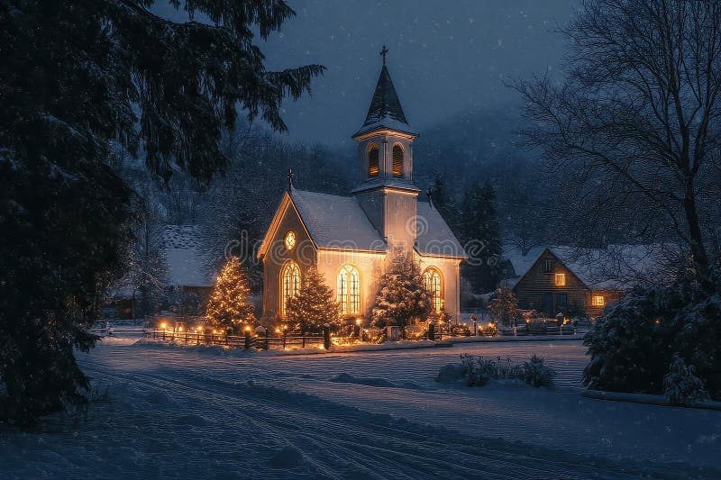 Snowy Church with Christmas Lights Stock Illustration - Illustration of ...