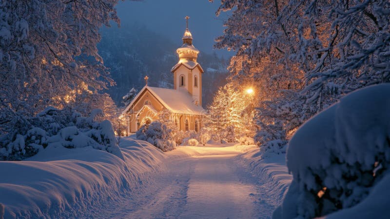 Snowy Church Path with Illuminated Trees at Night Stock Illustration ...