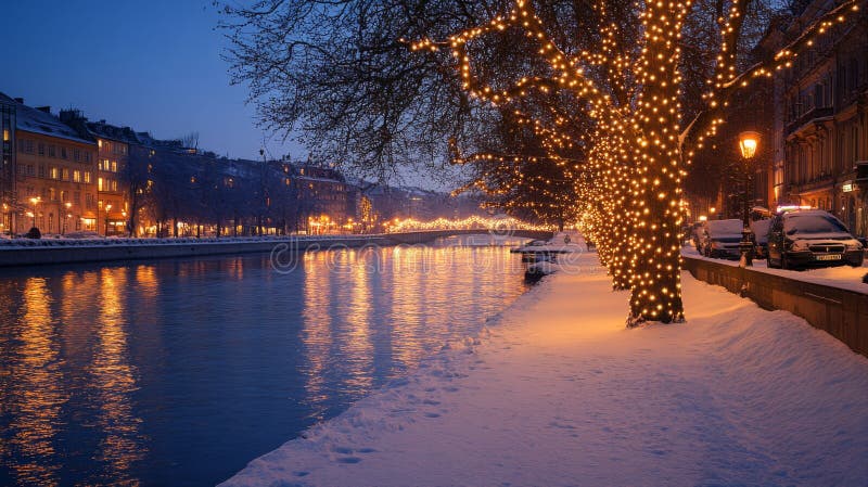 Snowy Cityscape with a River and Christmas Lights Stock Illustration ...