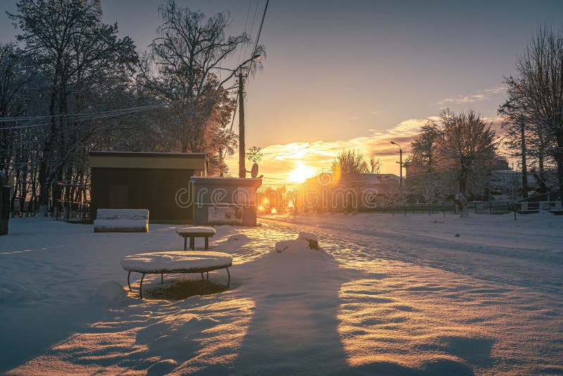 Snowy cold town stock image. Image of playgrownd, landscape - 234951443