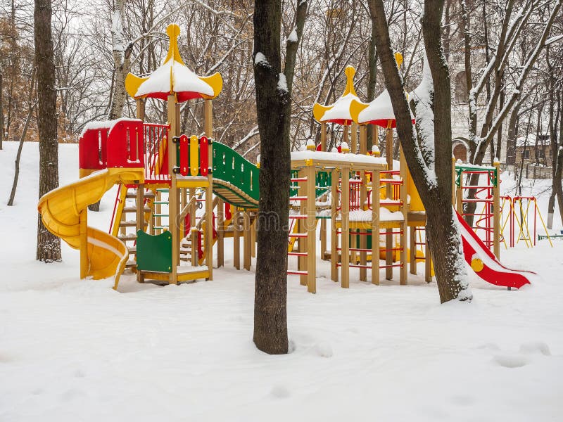 Snowy Colorful Playground in a Park Stock Image - Image of recreation ...
