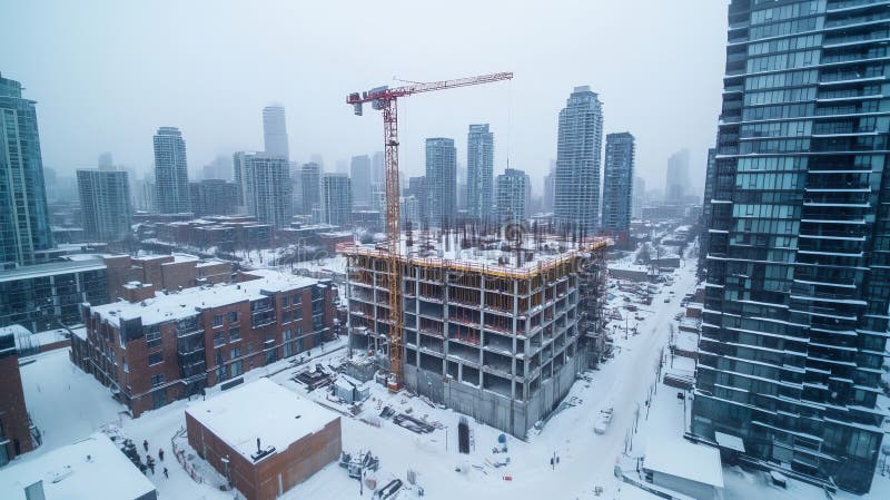 Snowy Construction Site with High Rise Buildings in Progress ...