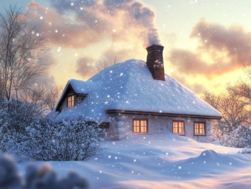 Snowy Cottage with Smoke Rising from the Chimney Stock Illustration ...
