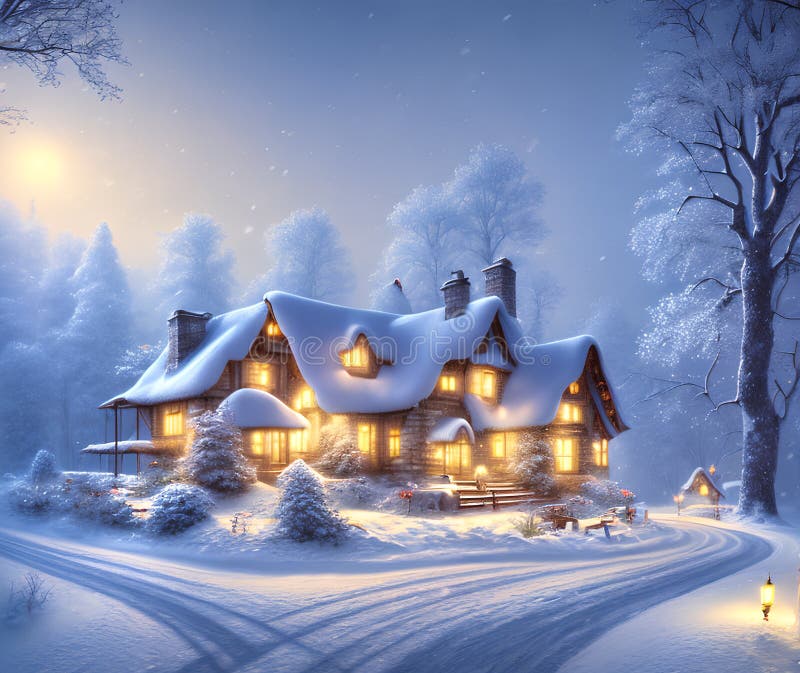 Snowy Cottage in Winter, Generative AI Illustration Stock Illustration ...