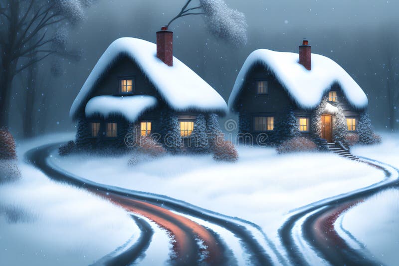 Snowy Cottage in Winter, Generative AI Illustration Stock Illustration ...