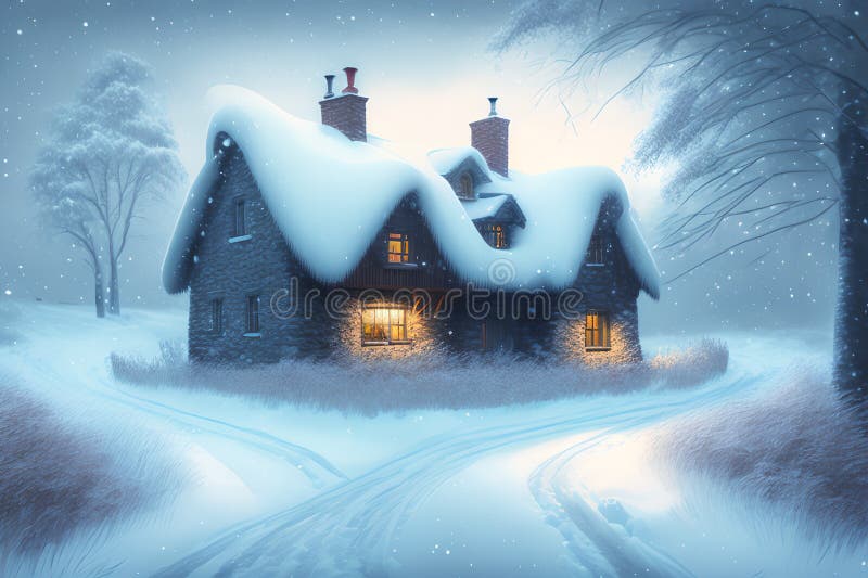 Snowy Cottage in Winter, Generative AI Illustration Stock Illustration ...