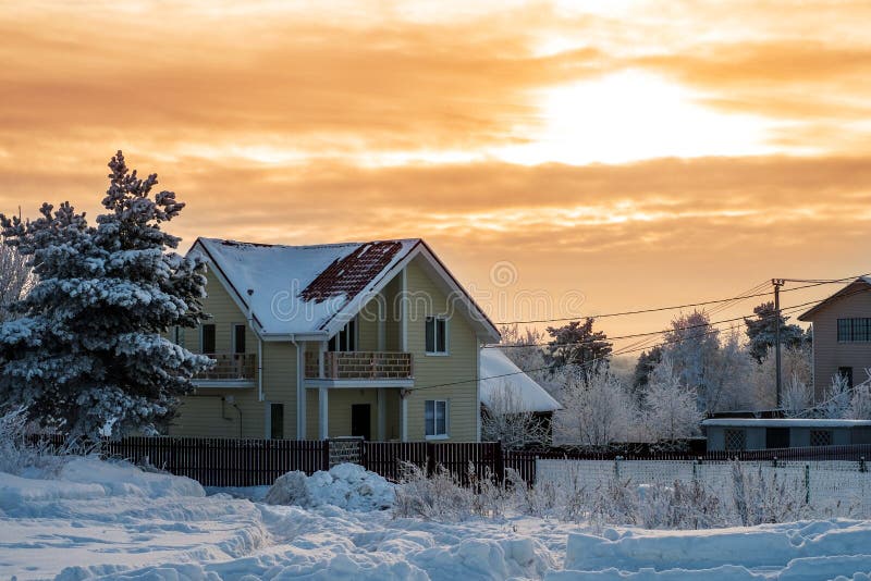 Snowy Cottages in Forest at Sunny Day Stock Image - Image of village ...