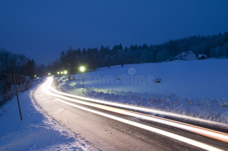 Snowy road at night stock image. Image of wintry, countryside - 20995111