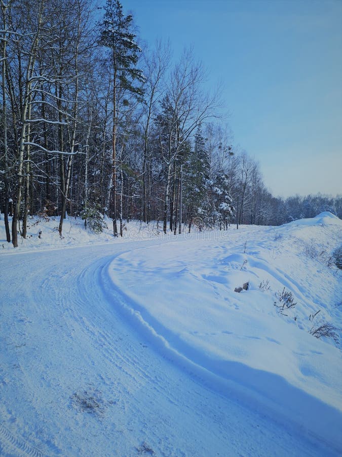 Snowy Countryside Road in Winter Stock Image - Image of outdoors, tree ...
