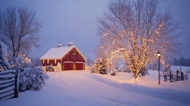 Snowy Countryside Scene with a Red Barn and Christmas Lights Stock ...