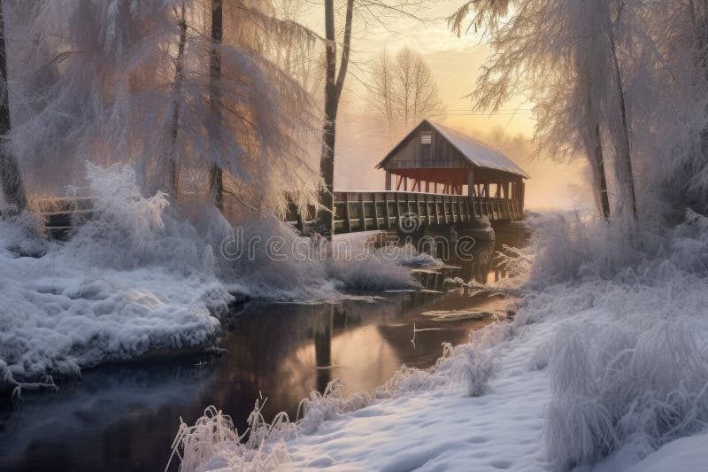 Snowy Covered Bridge with Icy Stream Below Stock Image - Image of ...