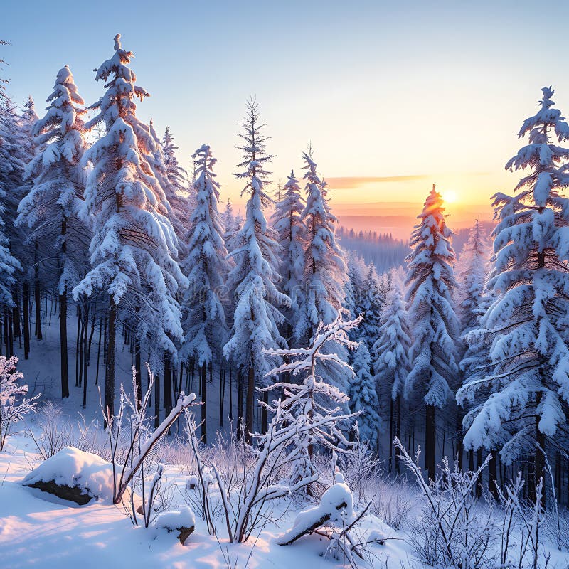 Snowy Czech Forest with Warm Morning Light Stock Illustration ...