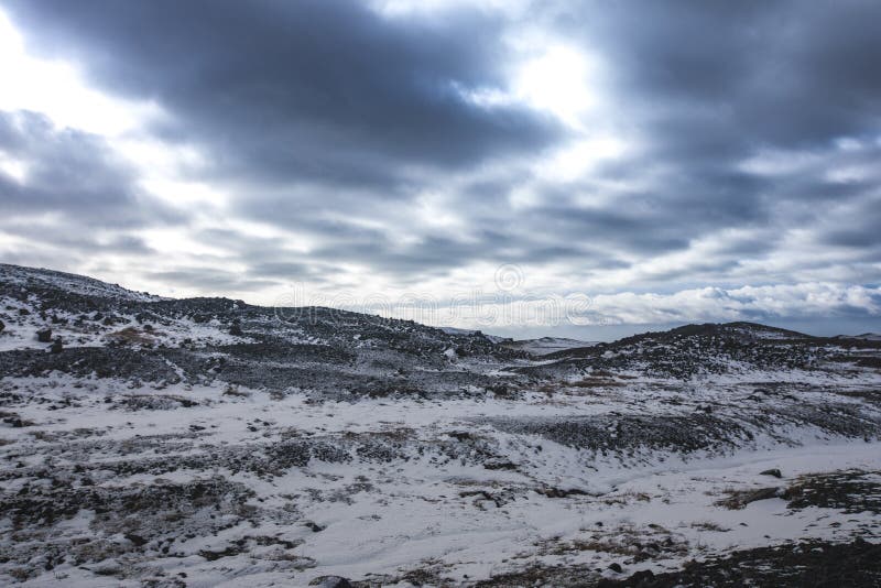 Snowy Dark Field Under the Gloomy Grey and Dark Blue Sky during Winter ...
