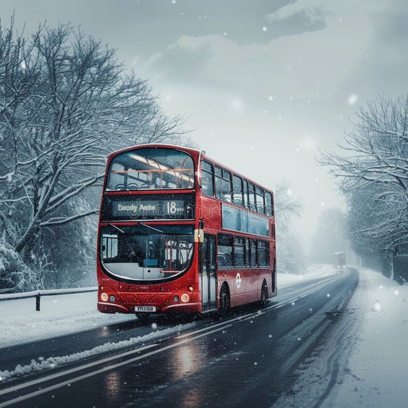 Snowy Double Decker Bus Cruising on a Wintery Road Stock Illustration ...