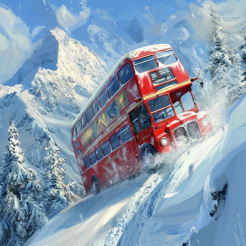 Snowy Double-decker Bus Glides Down a Picturesque Slope Stock ...