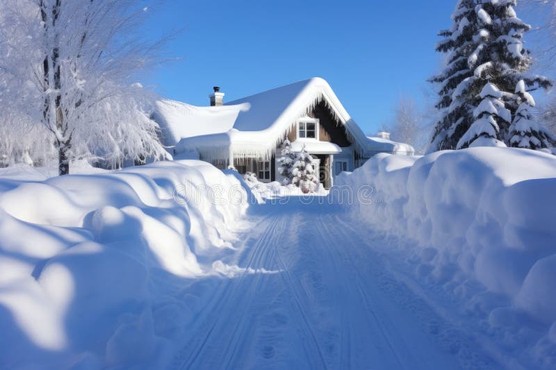Snowy Driveway with Cleared Path and Piled Snow Stock Illustration ...