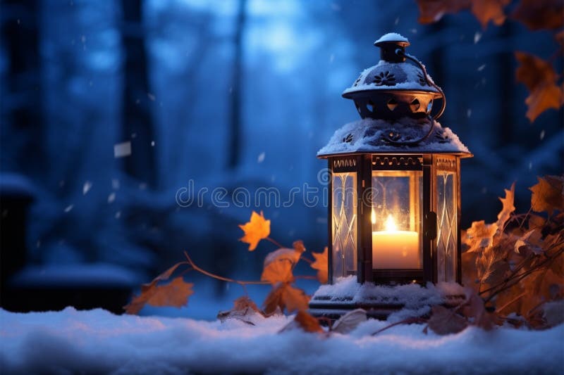 Snowy Evening with a Lantern, Creating a Serene Winter Ambiance Stock ...