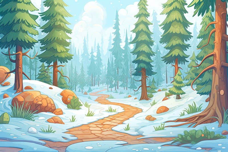 Snowy Evergreen Forest with a Path through Stock Photo - Image of ...