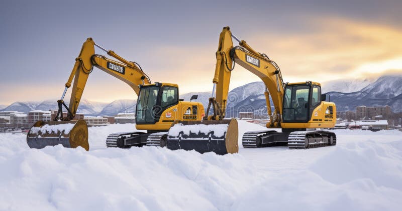 Snowy Excavators on a Snow Covered Construction Site Stock Photo ...