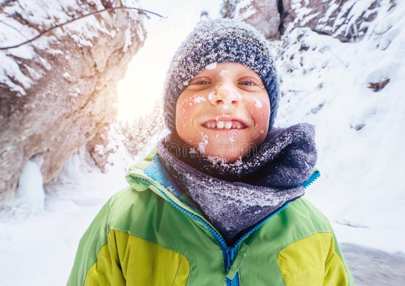 Snowy Face Funny Boy Portrait Stock Photo - Image of expedition, funny ...
