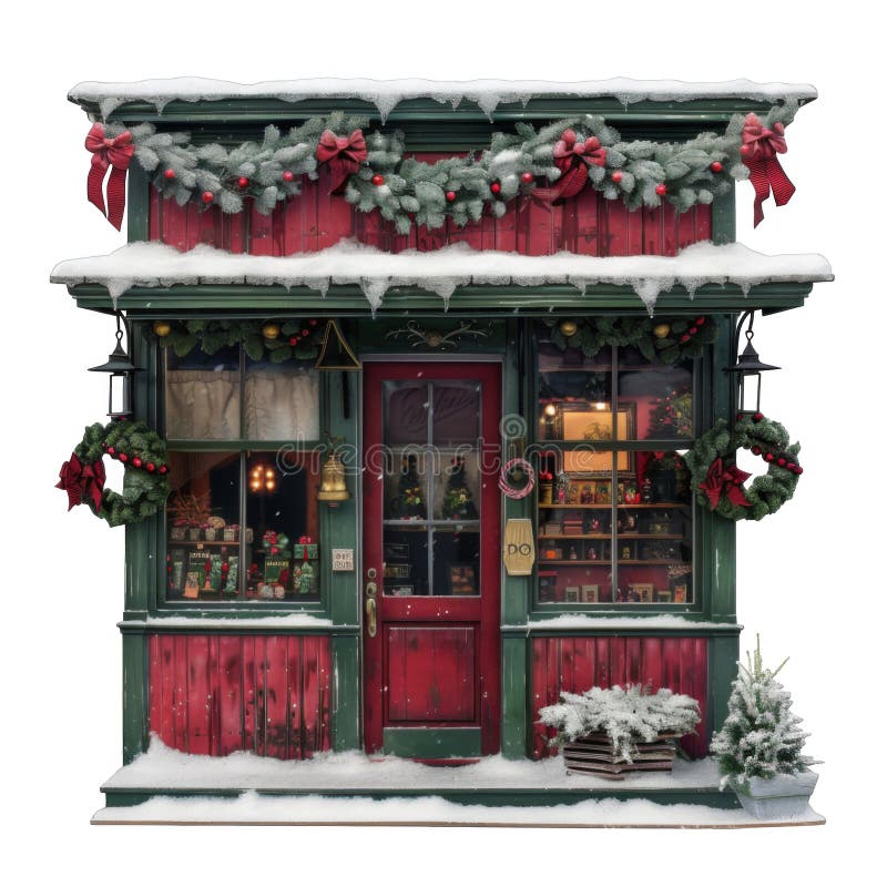 A Snowy, Festive Storefront with Christmas Decorations Stock Photo ...
