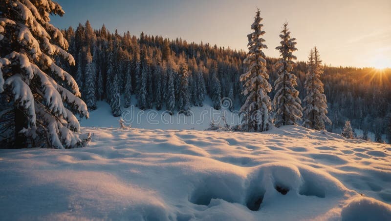 Snowy Field with Pine Trees and Warm Sky at Sunset Stock Illustration ...