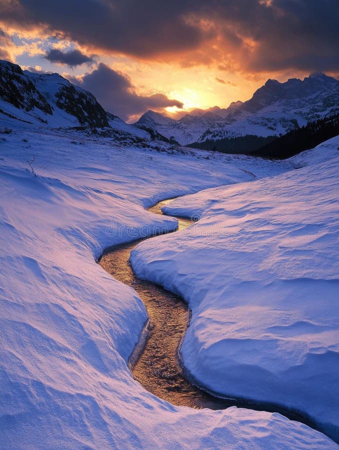 Snowy Field with Running Stream Stock Image - Image of peaceful ...