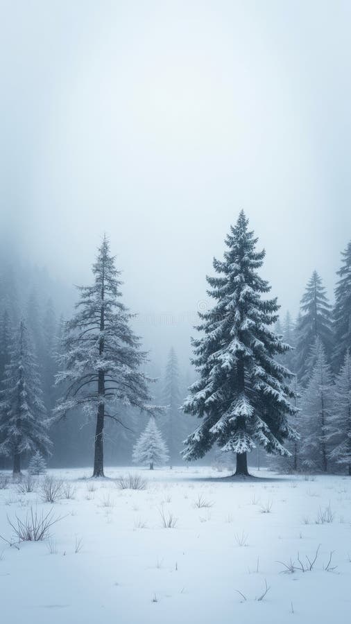 Snowy Field with Two Trees in the Foreground Stock Image - Image of ...
