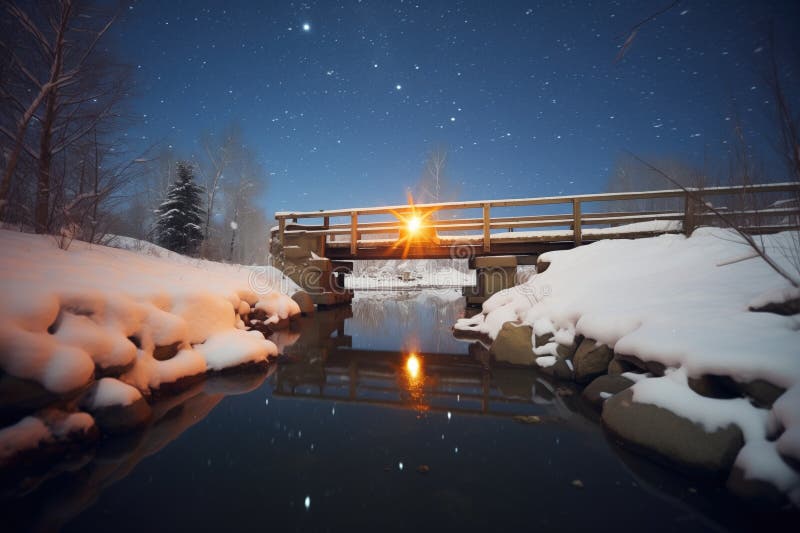 Snowy Footbridge with Stars Reflecting in the Stream Stock Illustration ...