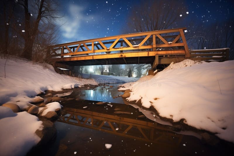Snowy Footbridge with Stars Reflecting in the Stream Stock Image ...