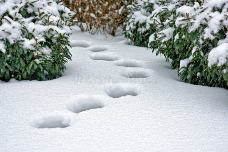 Snowy Footprints through Winter Garden Path Stock Photo - Image of ...