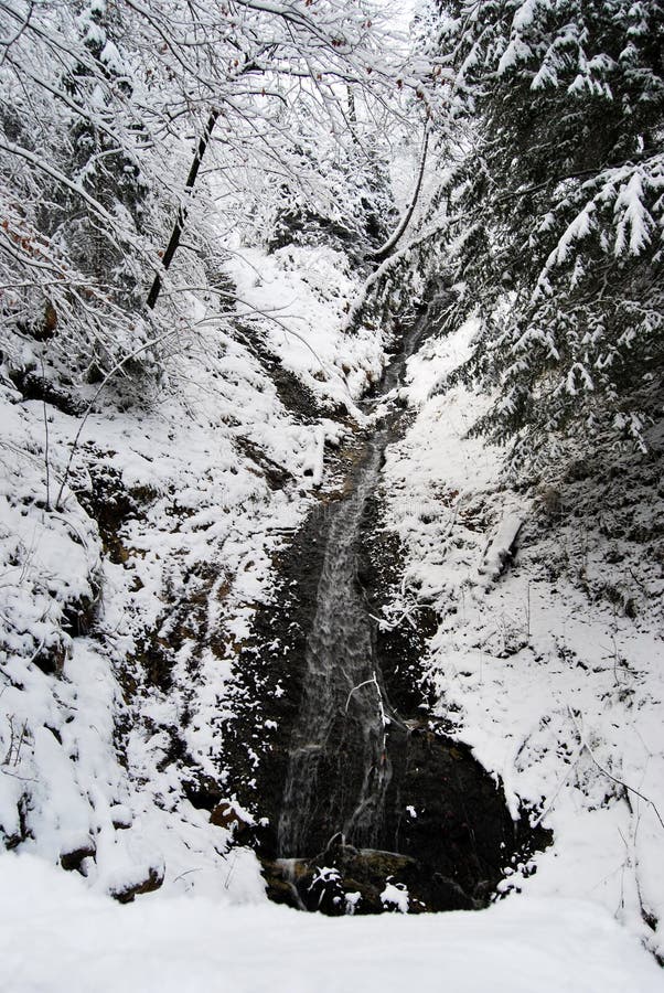 Snowy Forest in the Bavarian Alps, Waterfall. Stock Image - Image of ...