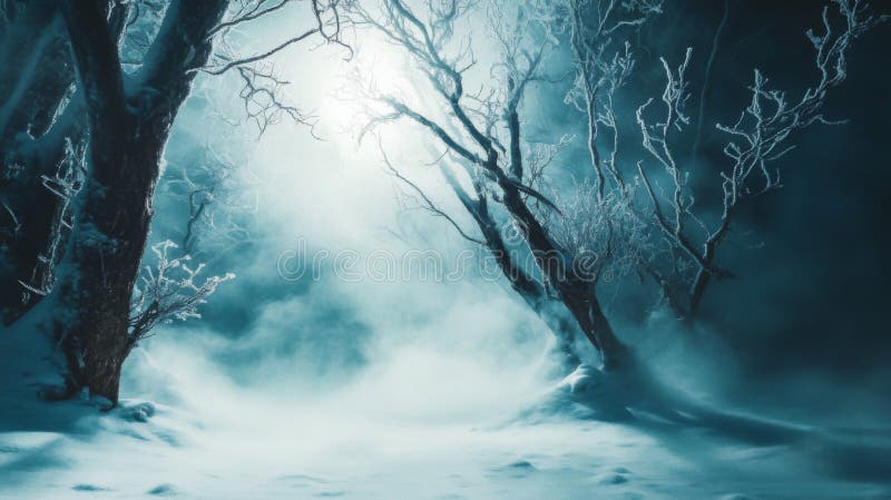Snowy Forest with Fog and Bare Trees Stock Illustration - Illustration ...