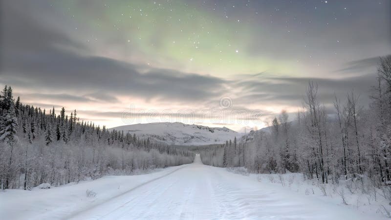 Snowy Forest, Glowing Pearlescent Clouds, Path with Trees at Sunset,t ...